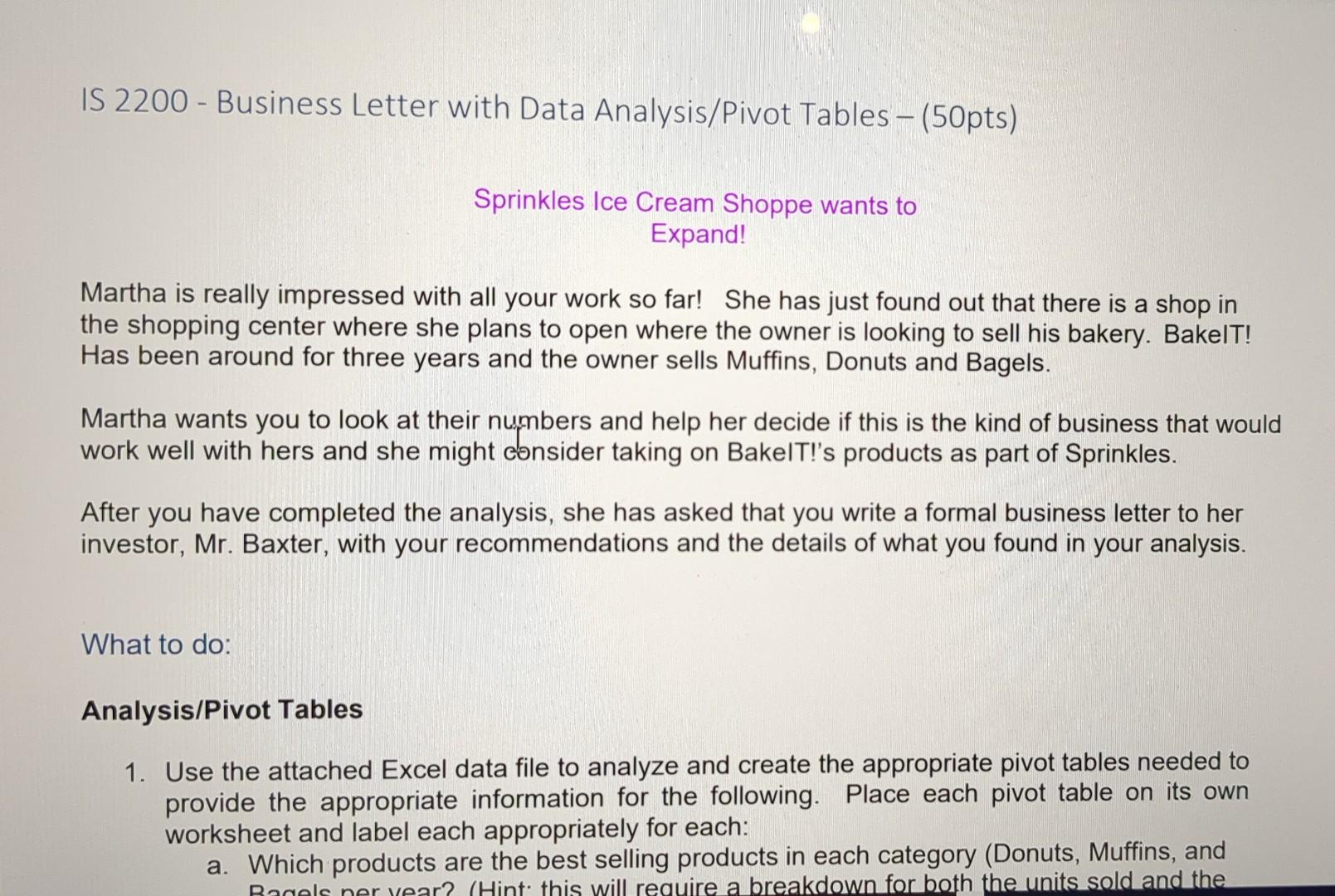 IS 2200 - Business Letter with Data Analysis/Pivot | Chegg.com
