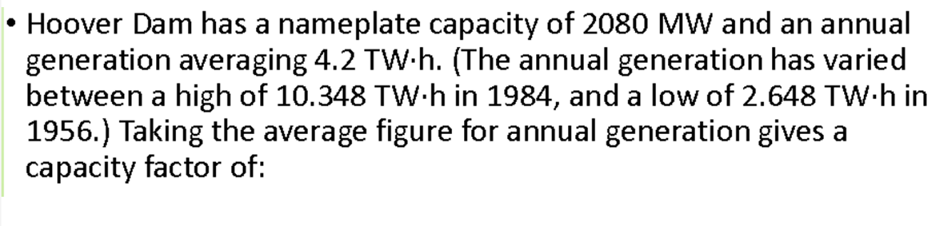 Solved - ﻿Hoover Dam has a nameplate capacity of 2080 ﻿MW | Chegg.com