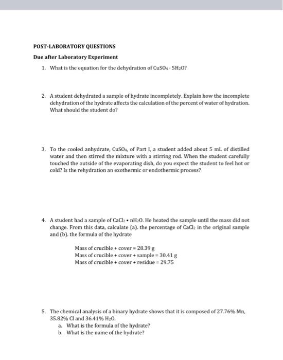Solved 2. A student dehydrated a sample of hydrate | Chegg.com