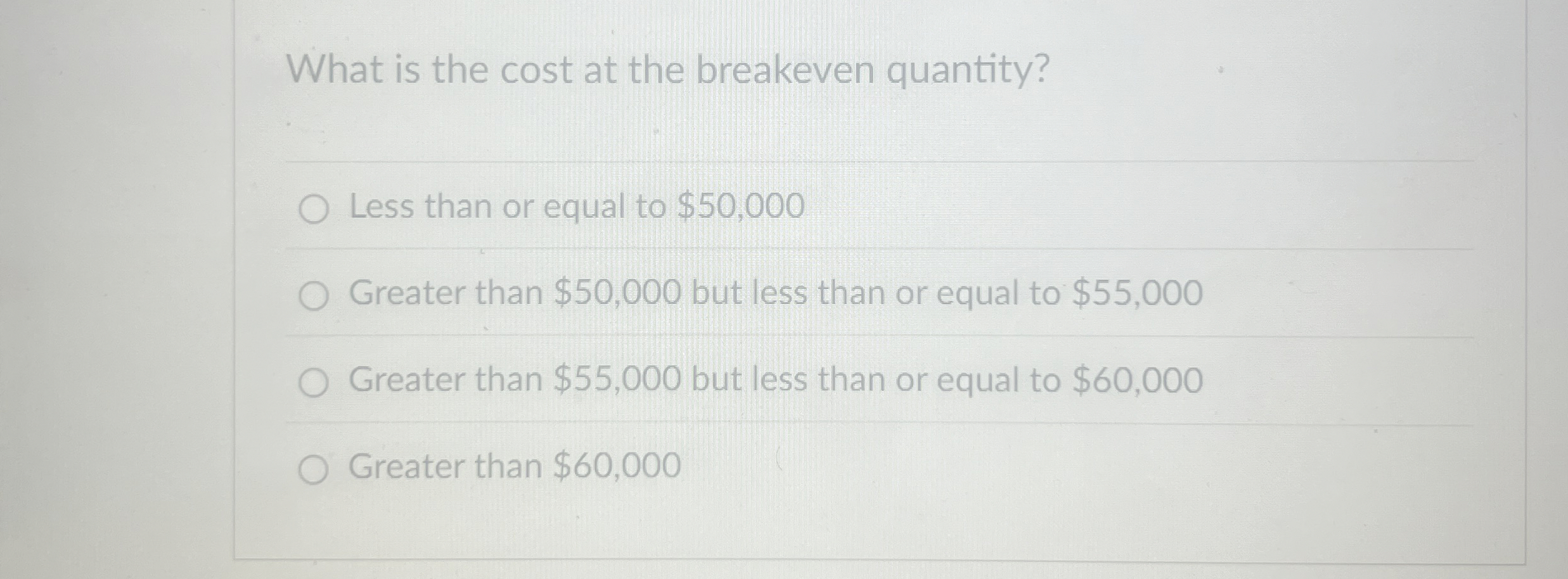 Solved What is the cost at the breakeven quantity?Less than | Chegg.com