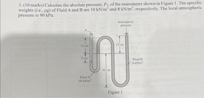 Solved 1. ( 10 marks) Calculate the absolute pressure, P1, | Chegg.com