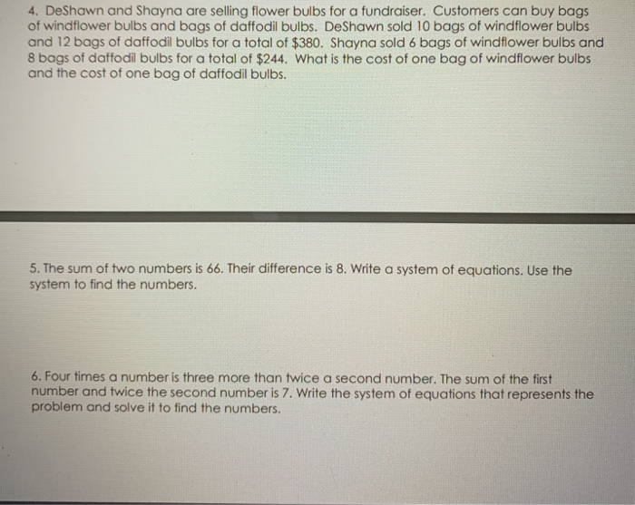 Solved For each problem below. set up the system and solve. | Chegg.com
