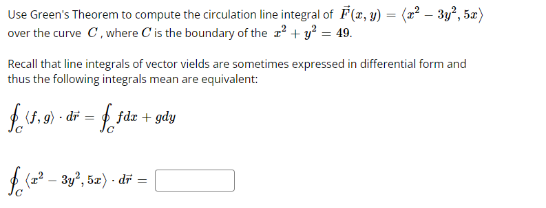 Solved Use Green's Theorem to compute the circulation line | Chegg.com