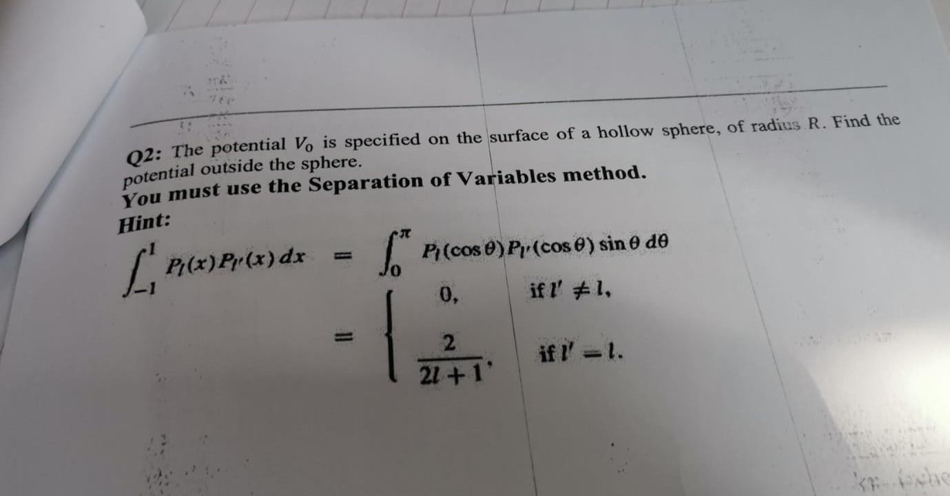 Solved Q2: The potential V0 is specified on the surface of a | Chegg.com