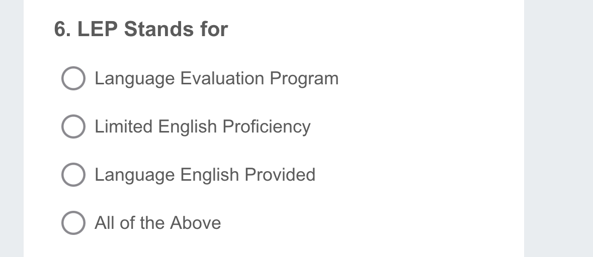 Solved LEP Stands forLanguage Evaluation ProgramLimited | Chegg.com