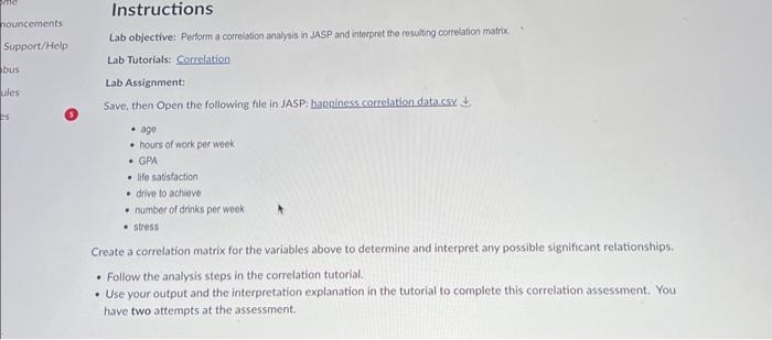 Solved Lab objective: Peform a correlotion analysis in JASP | Chegg.com