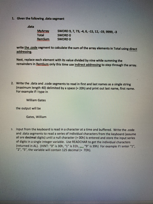 1. Given the following.data segment .data MyArray | Chegg.com