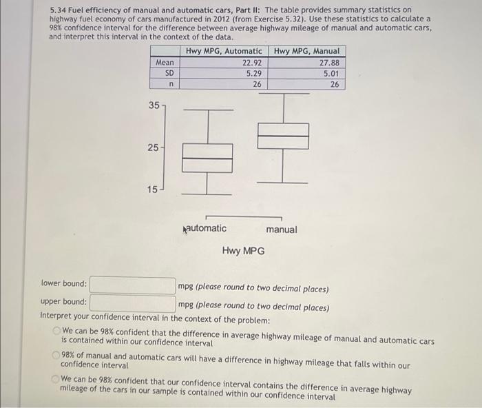 Solved 5.34 Fuel efficiency of manual and automatic cars, | Chegg.com