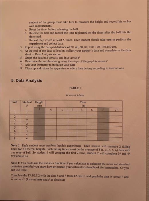 Lab \# 4 Gravitational Acceleration and Free Fall 1. | Chegg.com