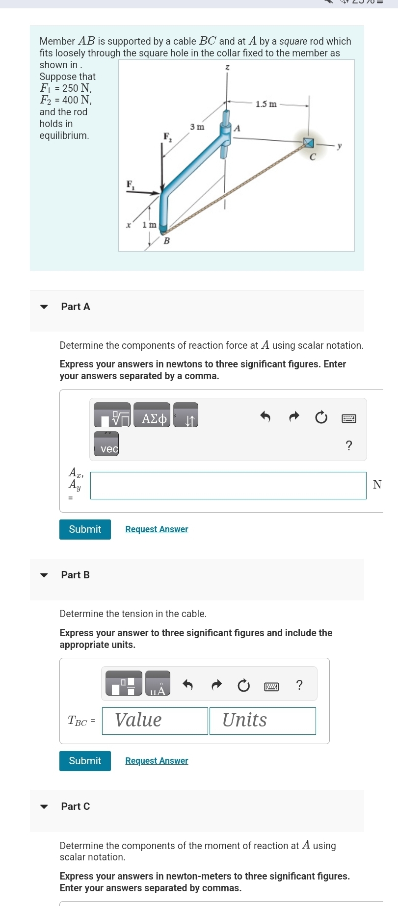 Solved Member AB ﻿is supported by a cable BC ﻿and at A ﻿by a | Chegg.com