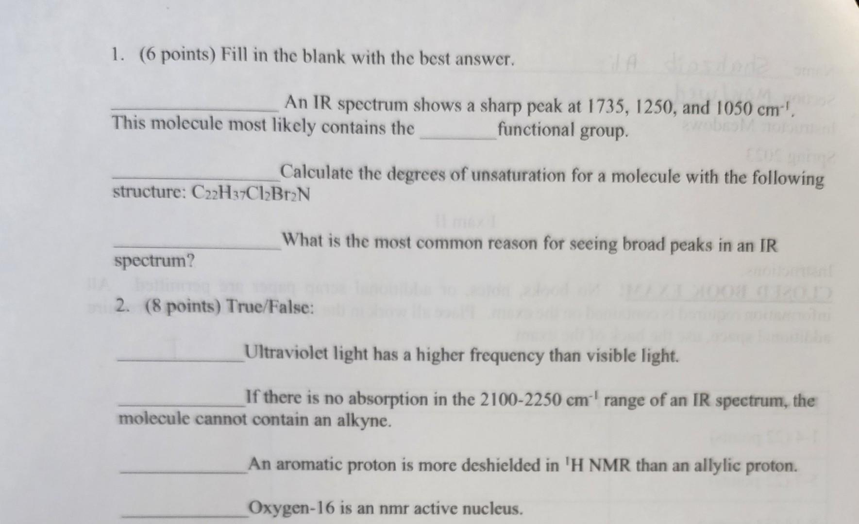 Solved 1. ( 6 points) Fill in the blank with the best | Chegg.com