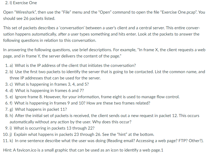 Solved I) ﻿Exercise OneOpen "Wireshark", then use the "File" | Chegg.com