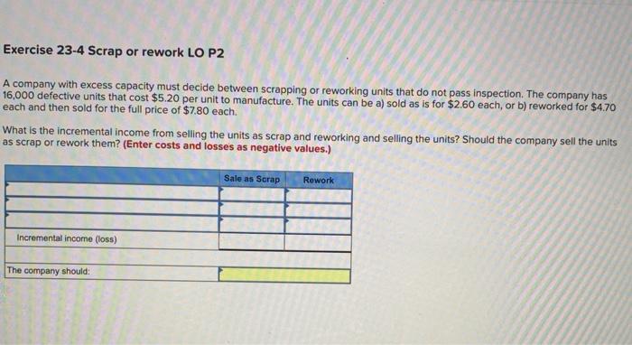 Solved Exercise 23-4 Scrap or rework LO P2 A company with | Chegg.com