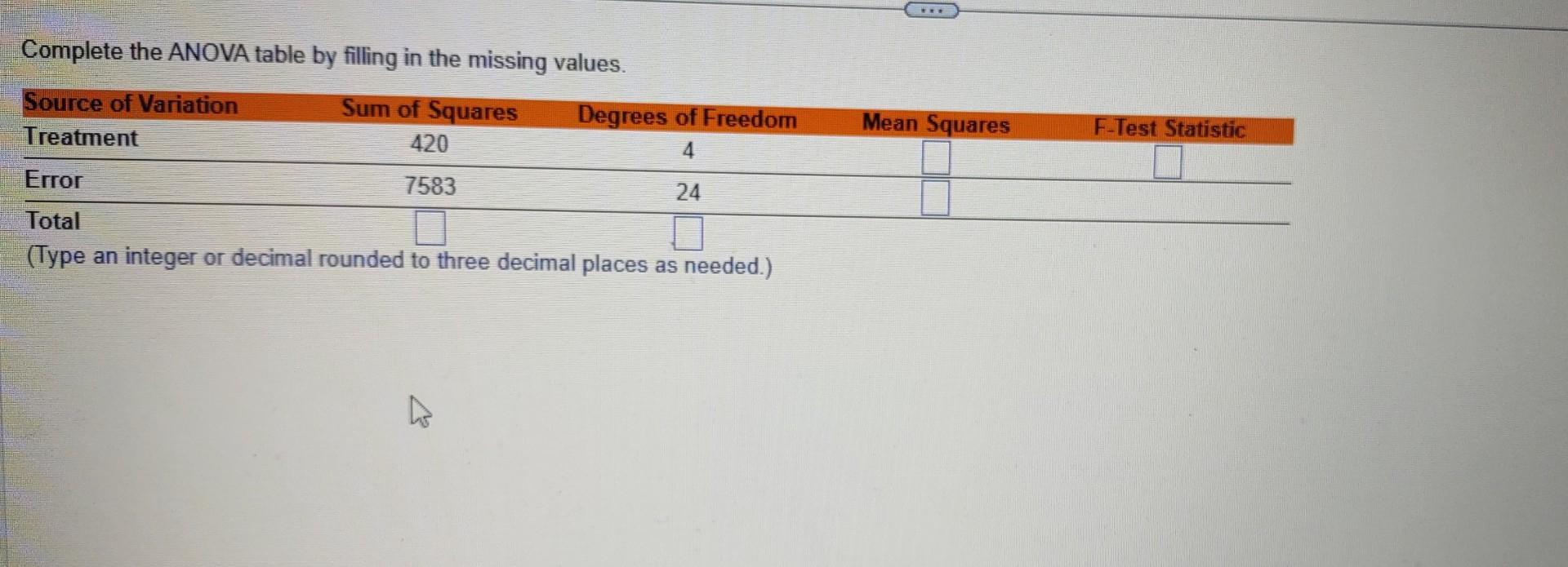 Solved Complete the ANOVA table by filling in the missing | Chegg.com