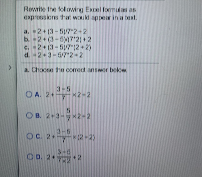 Rewrite the following Excel formulas as expressions | Chegg.com