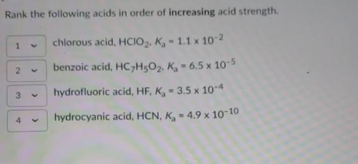 Solved Rank the following acids in order of increasing acid | Chegg.com