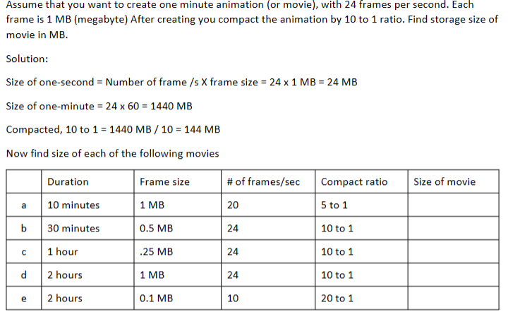 Solved Assume that you want to create one minute animation | Chegg.com