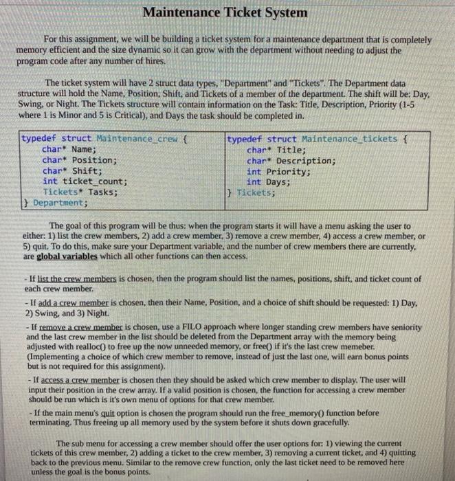 Maintenance Ticket System For this assignment, we | Chegg.com