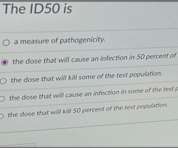 Solved The ID50 is O a measure of pathogenicity. the dose | Chegg.com