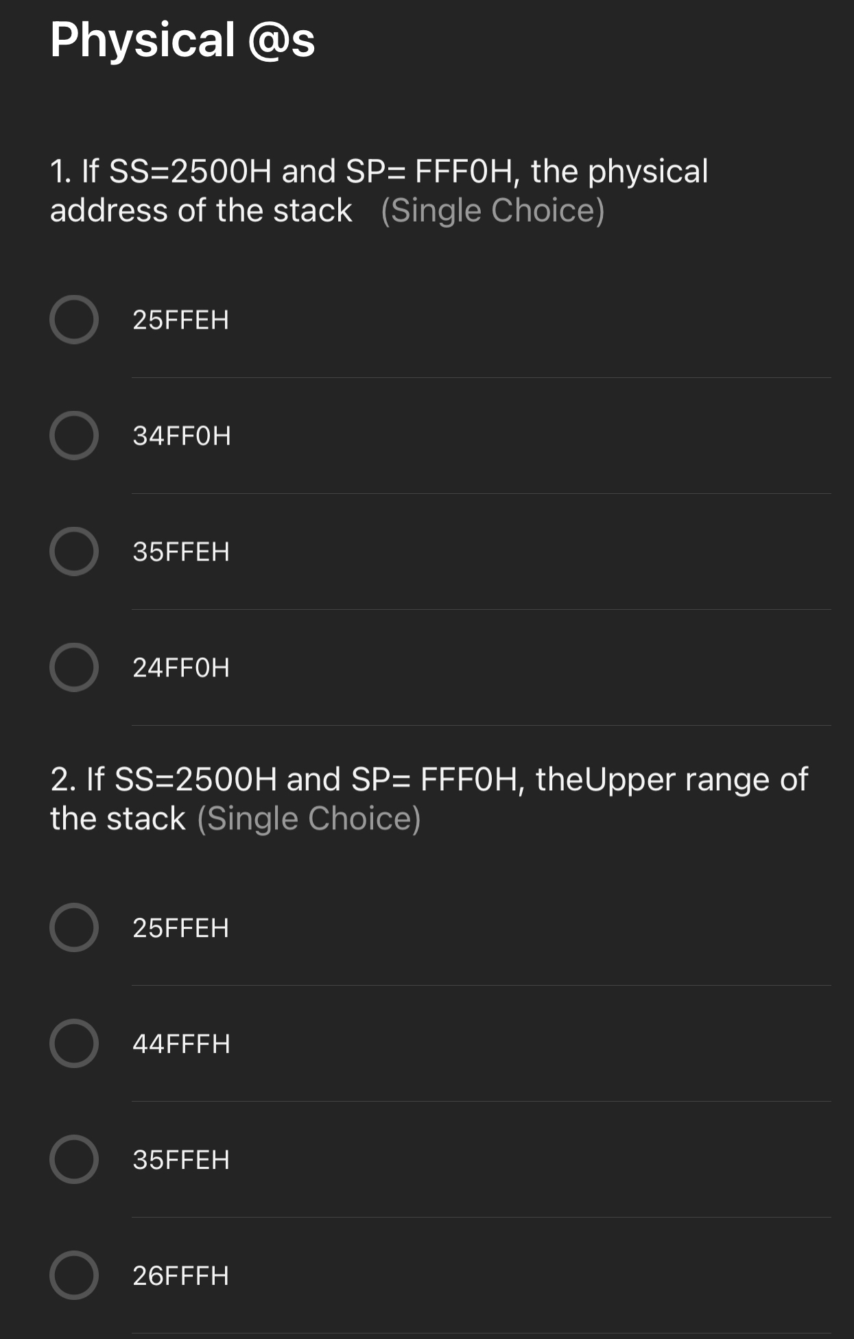 Solved Physical @sIf SS=2500H ﻿and SP=FFFOH, the physical | Chegg.com