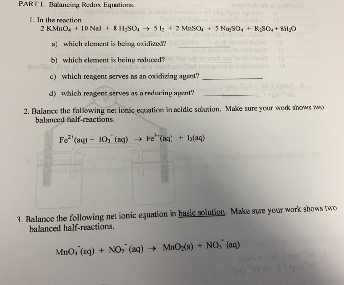 Solved PART I. Balancing Redox Equations. 1. In the reaction | Chegg.com