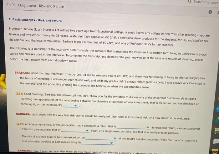 Solved Q Search this course Ch 06: Assignment - Risk and | Chegg.com