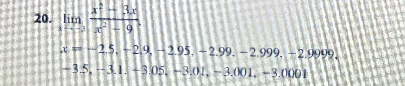 Solved 20. limx→-3x2-3xx2-9x=-2.5,-2.9,-2.95,-2.99,-2.999,-2 | Chegg.com