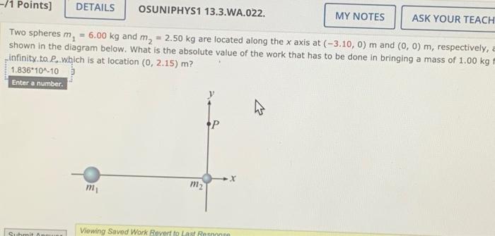 Solved Two spheres m1=6.00 kg and m2=2.50 kg are located | Chegg.com