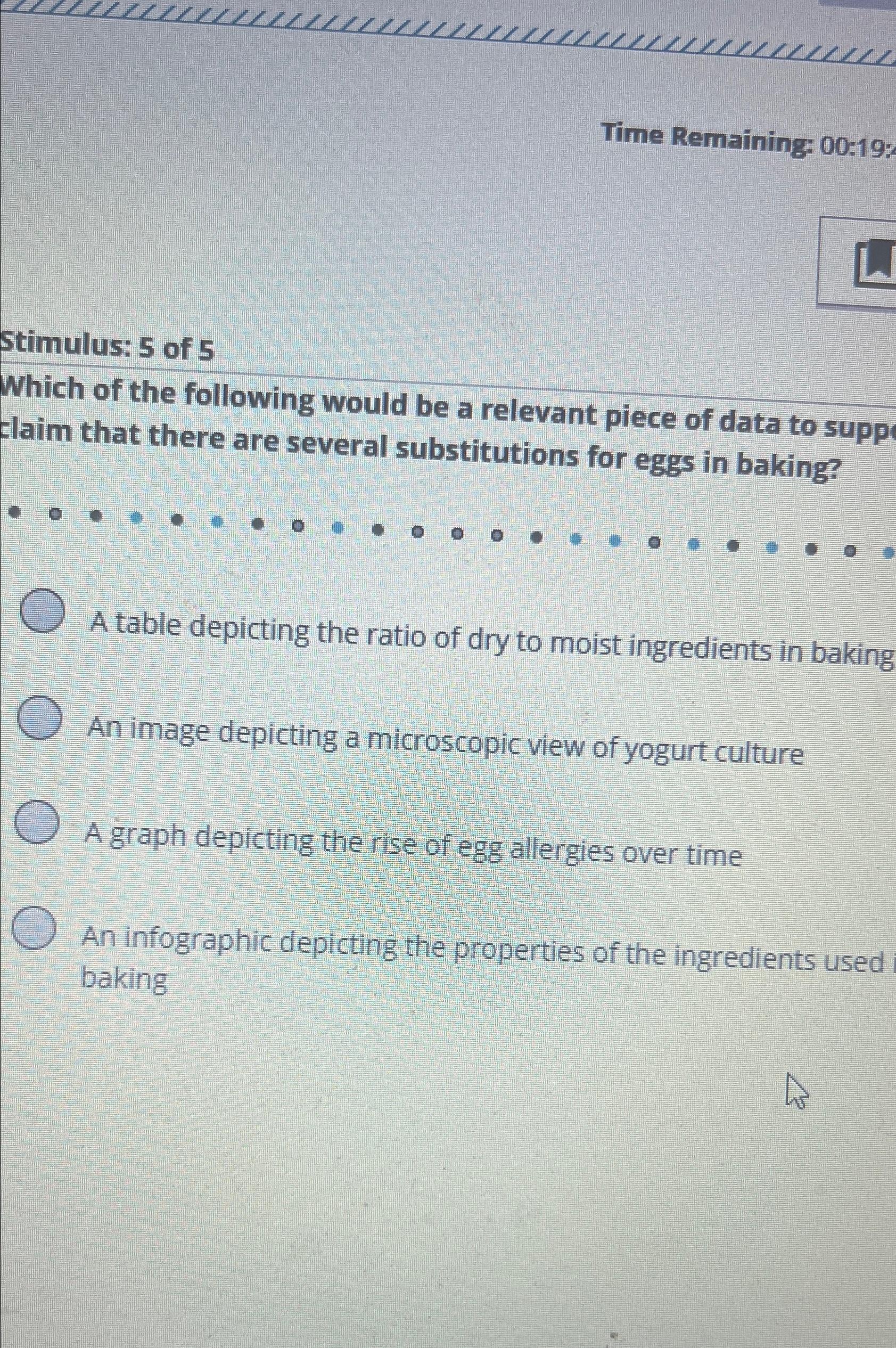 Solved Time Remaining: 00:19:Stimulus: 5 ﻿of 5Which of the | Chegg.com