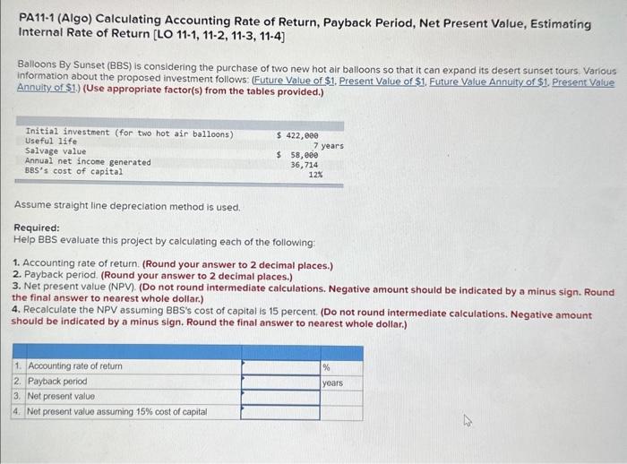 Solved PA11-1 (Algo) Calculating Accounting Rate of Return, | Chegg.com