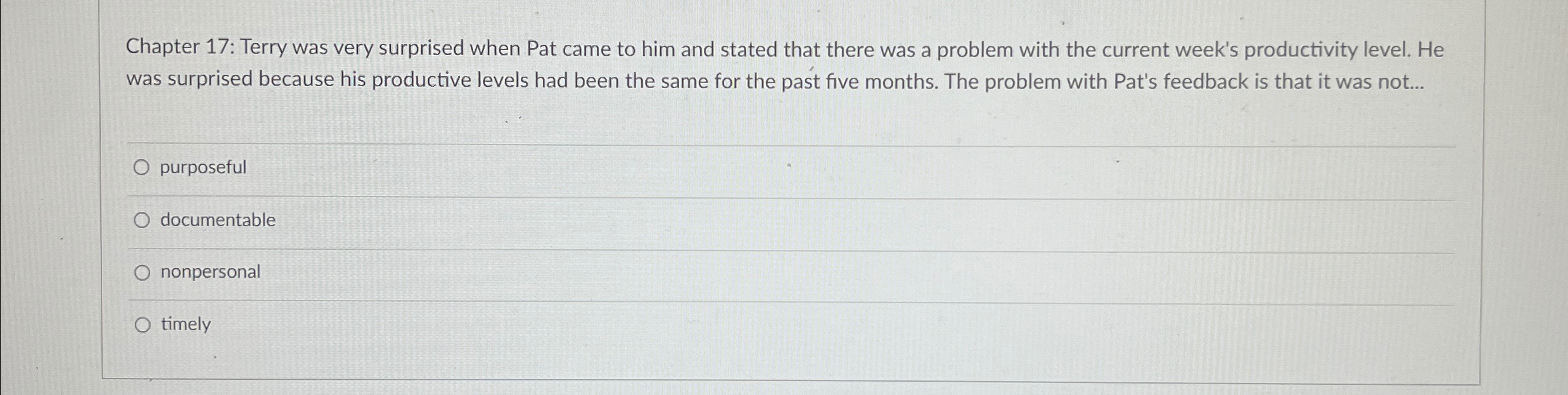 Solved Chapter 17: Terry was very surprised when Pat came to | Chegg.com