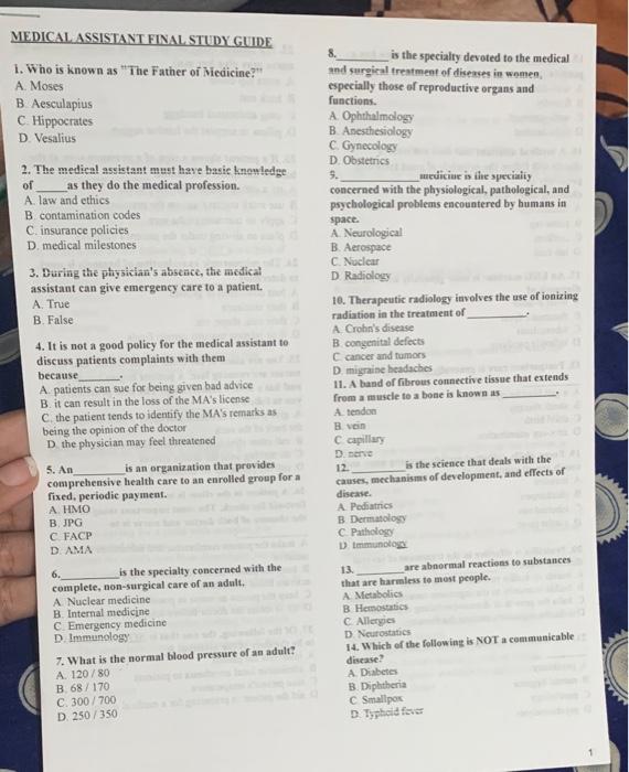 Solved MEDICAL ASSISTANT FINAL STUDY GUIDE 1. Who is known | Chegg.com