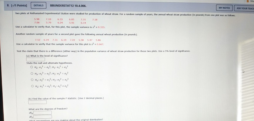 Solved 8. [-1 Points] DETAILS BBUNDERSTAT12 10.4.006. MY | Chegg.com