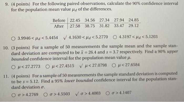 Solved 9. (4 points) For the following paired observations, | Chegg.com