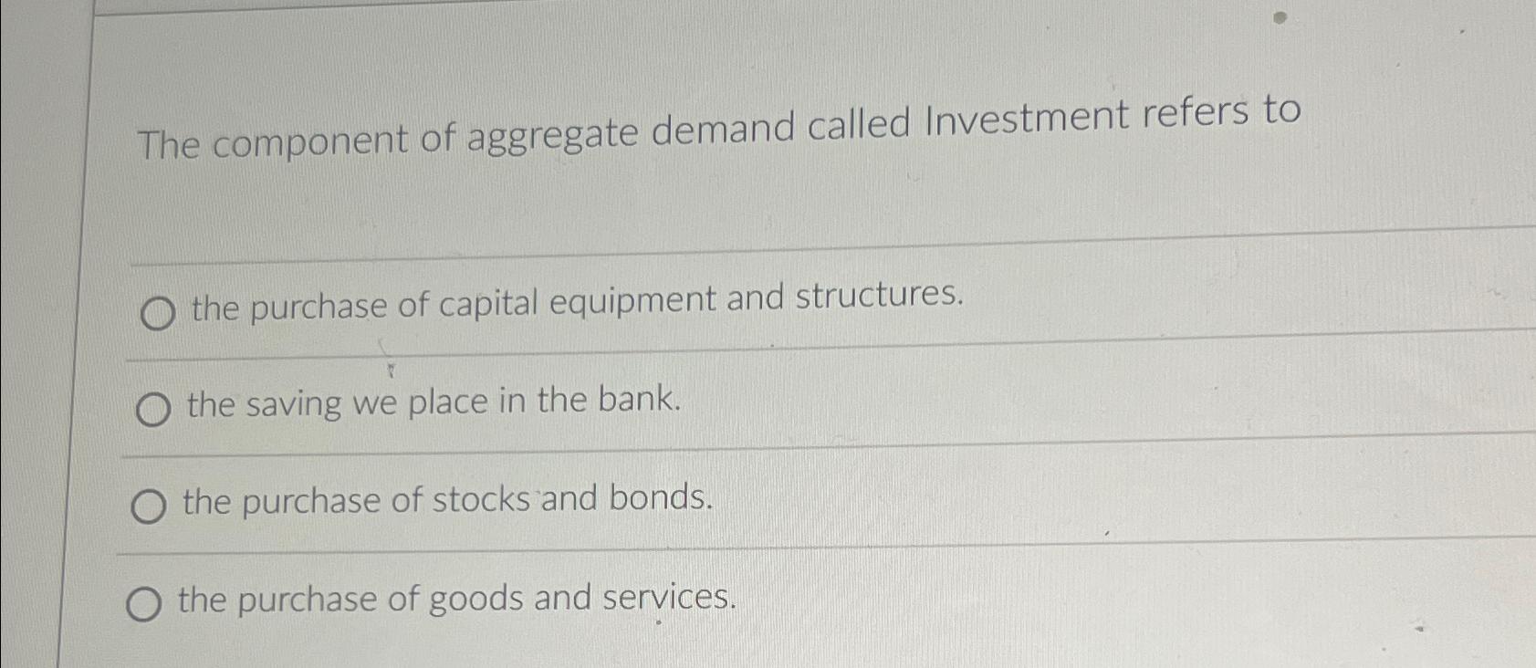 Solved The component of aggregate demand called Investment | Chegg.com