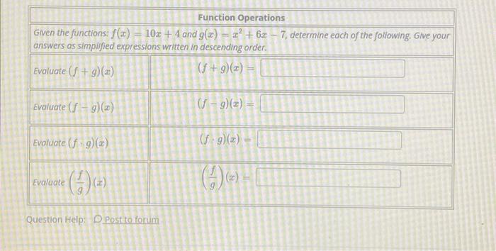 Solved Function Operations 2 Given the functions: f(x) = 10x | Chegg.com