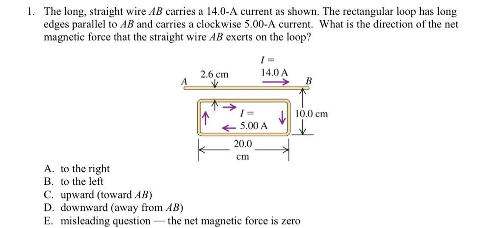 Solved The long, straight wire AB ﻿carries a 14.0-A current | Chegg.com