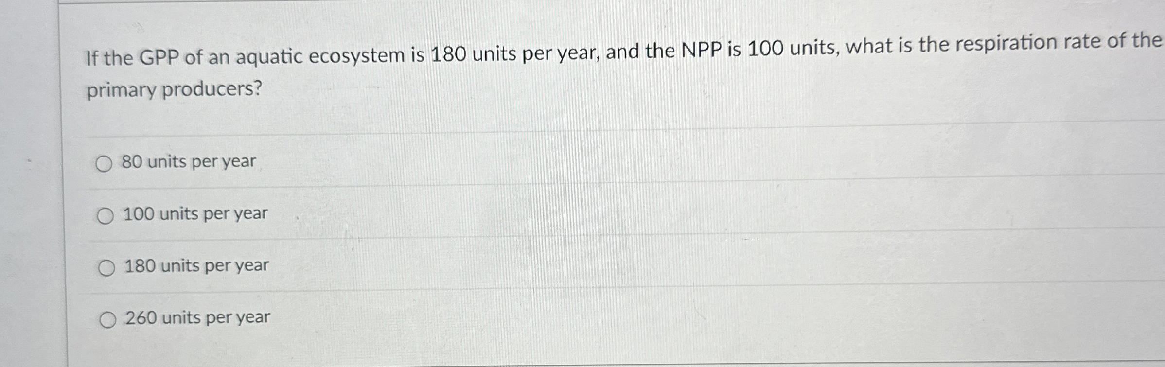 Solved If the GPP of an aquatic ecosystem is 180 ﻿units per | Chegg.com