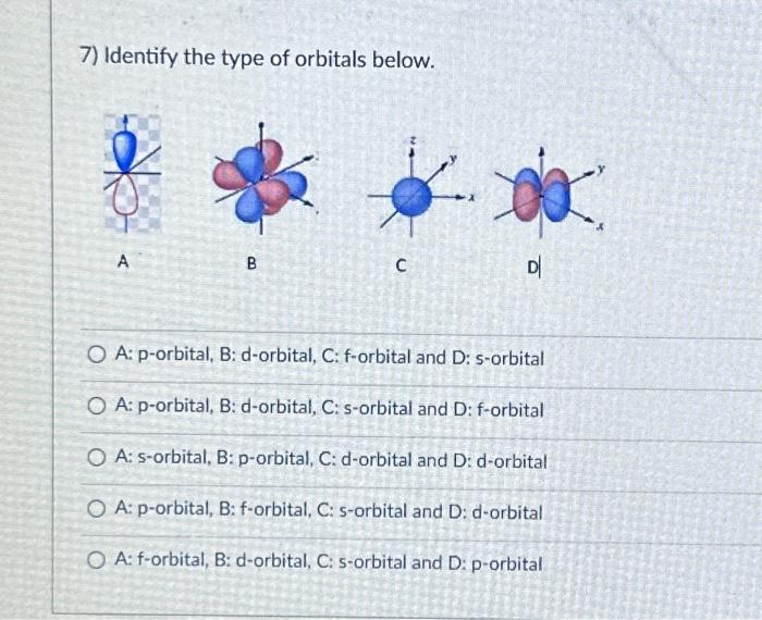 Solved 7) Identify the type of orbitals below. A B C D) A: | Chegg.com
