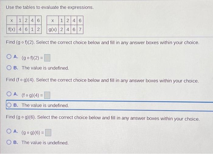 Solved Use the tables to evaluate the expressions. x 1 2 46 | Chegg.com