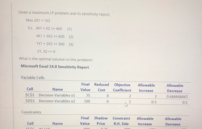 Solved Variable Cells Cell Name $C$3 Decision Variables x1 | Chegg.com Solved Variable Cells Cell Name $C$3 Decision Variables x1 | Chegg.com