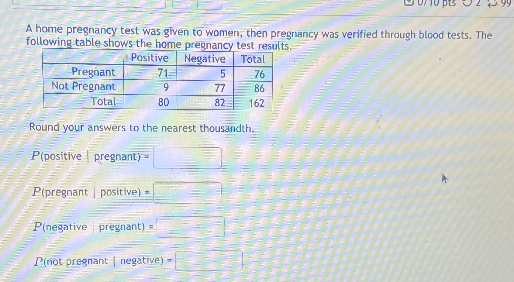 Solved A home pregnancy test was given to women, then | Chegg.com