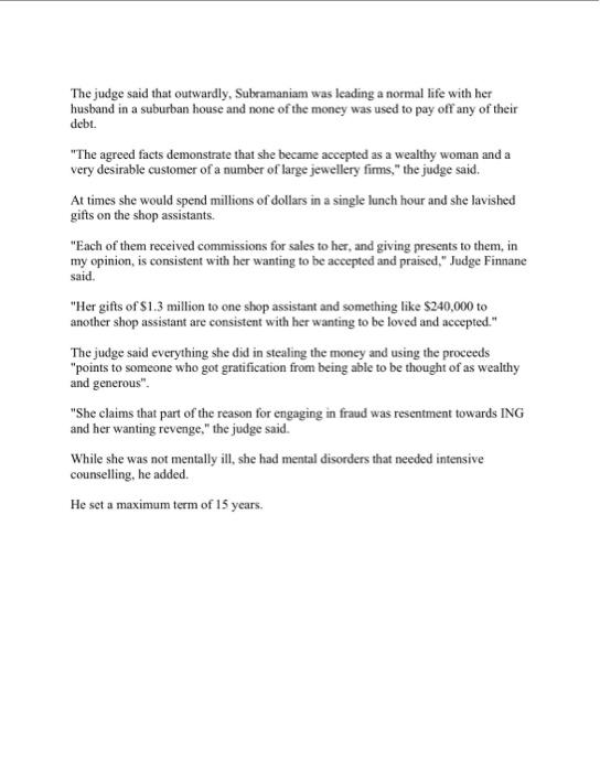 Solved Rajina Rita Subramaniam jailed for $45 m luxury spree | Chegg.com