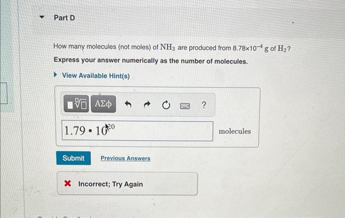 Solved How many molecules (not moles) of NH3 are produced | Chegg.com