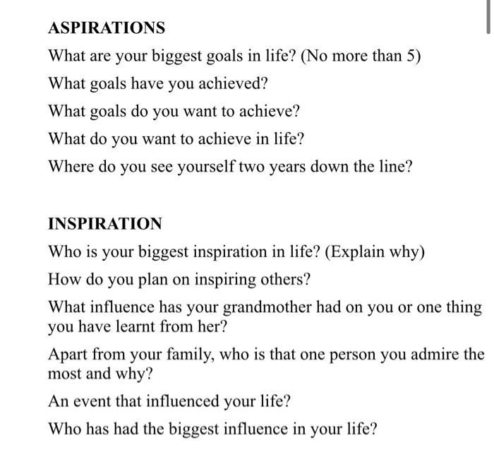 ASPIRATIONS What are your biggest goals in life? (No | Chegg.com