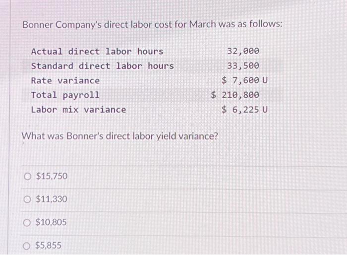 Solved Bonner Company's direct labor cost for March was as | Chegg.com