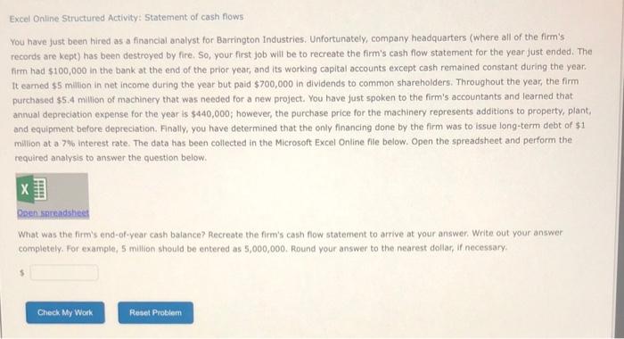 Solved Excel Online Structured Activity: Statement of cash | Chegg.com