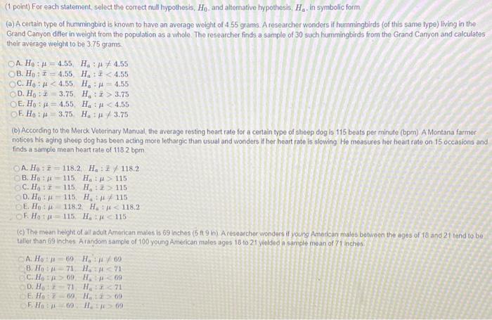 Solved (1 point) For each statement select the correct null | Chegg.com