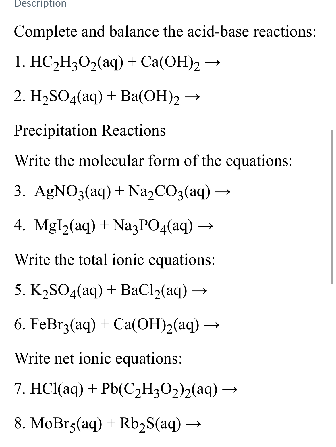 Solved DescriptionComplete and balance the acid-base | Chegg.com