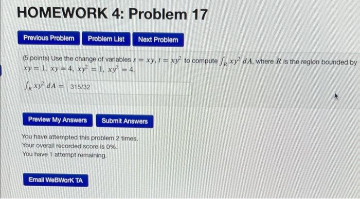 Solved (5 points) Use the change of variables s=xy,t=xy2 to | Chegg.com